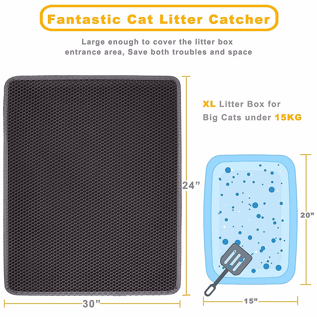 Cat Litter Mat Grey Trapping for Litter Box, XL Jumbo 30 x 24 in, Urine & Waterproof, Honeycomb Double Layer Anti Tracking Kitty Mats, No Phthalate, Washable Easy Clean, Scatter Control