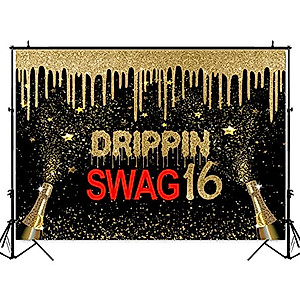 Mocsicka Drippin Swag 16 Birthday Backdrop Gold Black Hip Hop Birthday Party Decoration Teenager Boy Man Swag Birthday Background (7x5ft (82x60 inch))