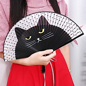 OULII Women Cartoon Cat Folding Silk Fan Handheld Fan (Black)