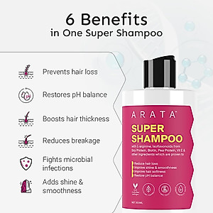 Arata Regenerating 5-in-1 Super Shampoo | Ayurvedic Onion Oil, Bhringraj, Apple Cider Vinegar, Argan Oil | Reduces Hair Fall & Thinning With Aging | For Women & Men - 10 Fl Oz