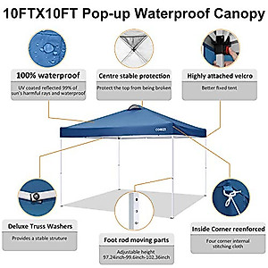 COBIZI Canopy 10'x10' Pop Up Commercial Instant Gazebo Tent, Fully Waterproof, Outdoor Party Canopies with 4 Removable Zippered Sidewalls, 4 sandbags for Camping Garden Party Beach (Blue)