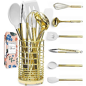 White Silicone and Gold Cooking Utensils Set with Holder- 7 PC Gold Kitchen Utensils Set Includes Gold Whisk, Gold Spatula, White Kitchen Utensils and Gold Utensil Holder- Gold Kitchen Accessories