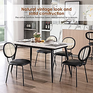 Jaxsen Faux Leather Indoor Kitchen Dining Chairs Set of 4 with Rattan Backrest, Modern Industrial Upholstered Chairs mid Century Metal Dining Chair Suitable for Dining Room Wine Coffee Bar, Black,18"
