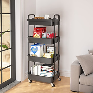 Calmootey 4-Tier Rolling Utility Cart with Drawer,Multifunctional Storage Organizer with Plastic Shelf & Metal Wheel,Storage Cart for Kitchen,Bathroom,Living Room,Office,Black