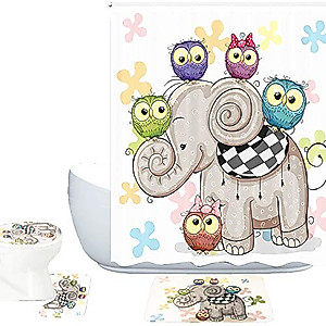 Amagical 16 Piece Bathroom Mat Set Shower Curtain Set Cute Cartoon Elephant and Owls On a Floral Background Bath Mat Contour Mat Toilet Cover Shower Curtain with 12 Hooks