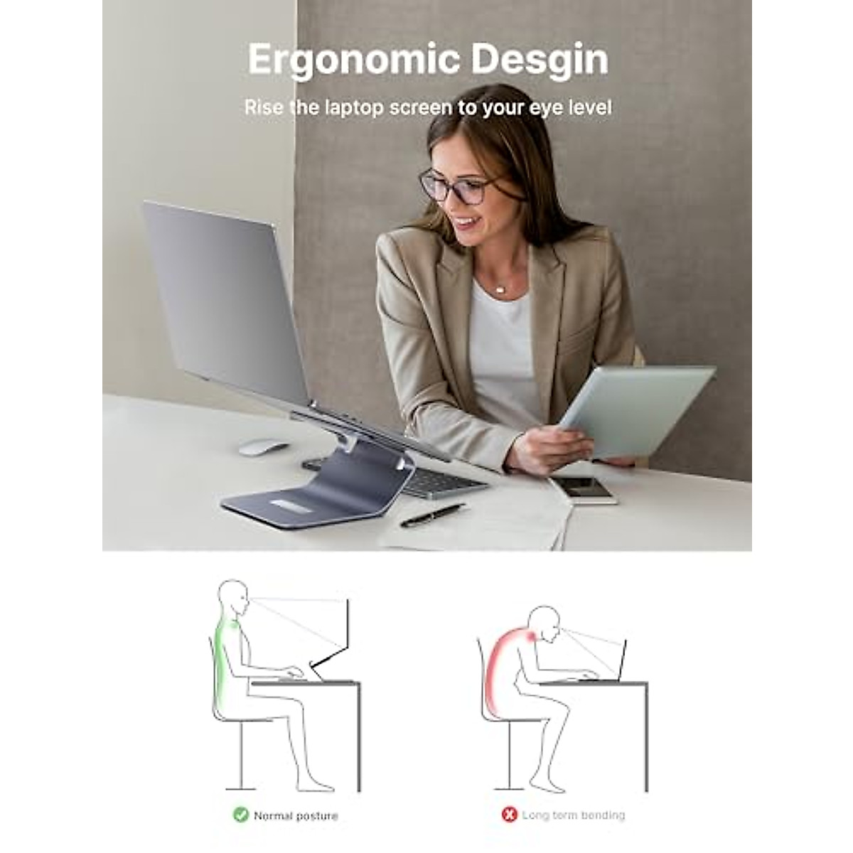 JSAUX Laptop Stand for Desk, Aluminum 2 in 1 Computer Riser and Tablet Stand, Ergonomic Notebook Holder Compatible with MacBook Air Pro, iPad Air Pro, Dell XPS, HP, Lenovo, More 10-15.6” Devices