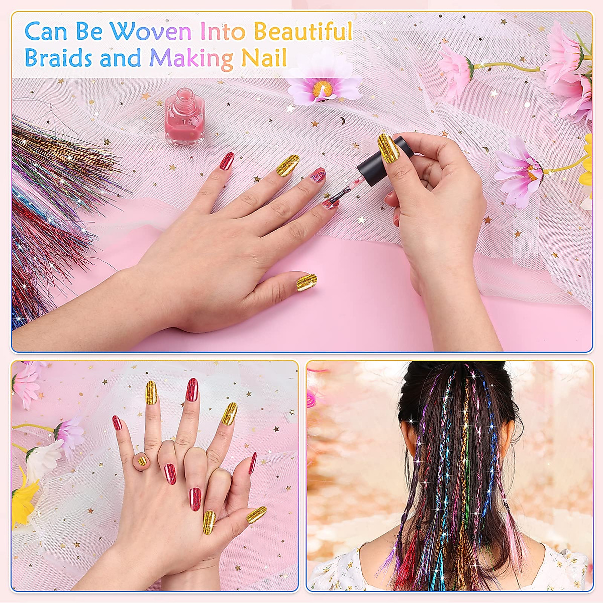 Mckanti 14 Colors Hair Tinsel Kit with Tool, 47 inch 2800 Strands Extensions for Women Girls, Fairy Glitter Sparkling Shiny Colorful Synthetic Party Daily Life Fashion