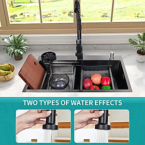 29.5 * 17.7 inch Kitchen Sink, Single Bowl Stainless Steel Sink Multifunctional Drop In Sink with Pull-Down Faucet and Multiple Accessories (black grey, 29.5 * 17.7 inch)