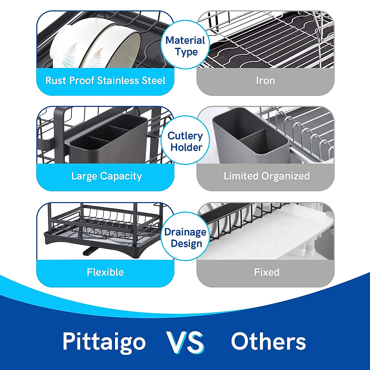 Flaovoth 2 Tier Dish Drying Rack, Dish Drainers for Kitchen Counter Dish Rack with Drying Drainboard, Adjustable Swivel Spout, Cutlery Caddy, Cup Hanging Holder, Spoon Rack and Knife Holder, Black