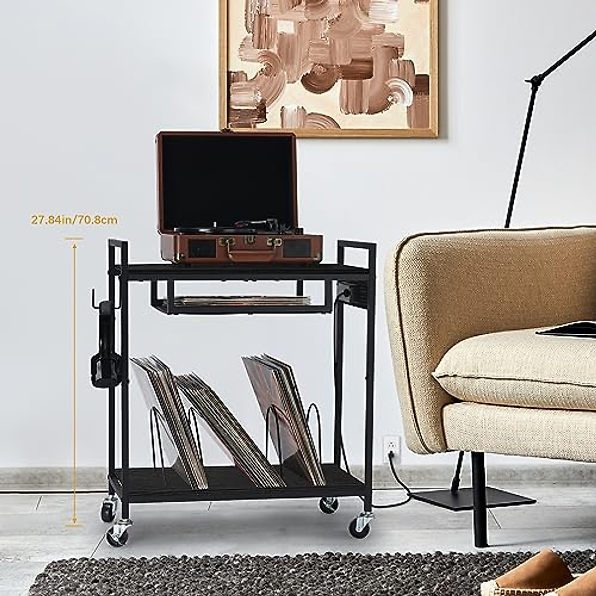 Black Record Player Stand Turntable Stand with Vinyl Storage Wooden Record Player Table with Charging Station 2 Tier End Table for Vinyl Records Album Holder Cabinet Record Shelf on Wheels