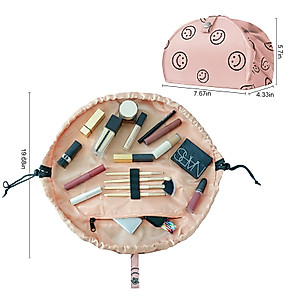 MESTOOTH Drawstring Makeup Bag Open Lay Flat,Large Capacity Cosmetic Bag For Women Purse With Compartments,Travel Toiletry Bag Accessories Organize (Green) (pink)