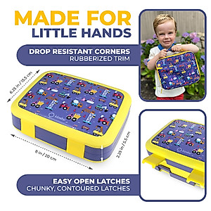 Bundle of Bento Box, Insulated Lunch Bag, Ice Pack & Water Botle Set for Kids - 5 Leakproof Compartments (Blue Yellow Truck) + Toddler Backpack for Boys, Cute 13” (Blue Yellow Trucks)