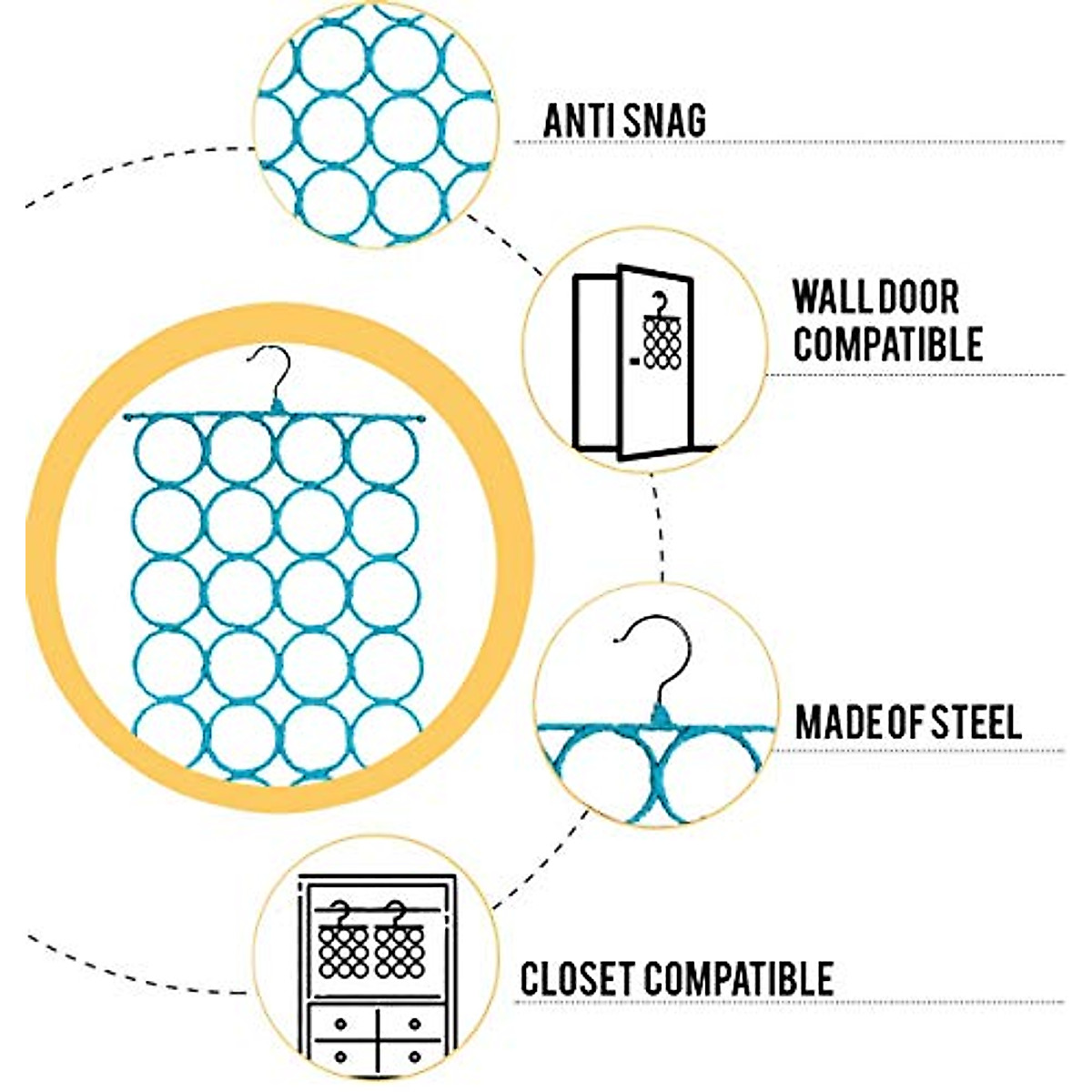 Scarf Hanger ~ Multiple Purpose Holder for Closet ~ Clutter Removing and Space-Saving Hanger for Scarves, Shawl, Belts & Accessories ~ Scarf Hanger 28 Rings (Sky Blue)