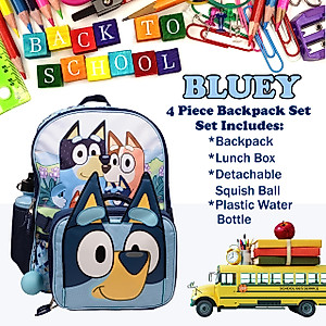 Bluey Girls & Boys Toddler 4 Piece Backpack Set for Kindergarten , School Bag with Front Zip Pocket, Mesh Side Pockets, Insulated Lunch Box, Water Bottle, and Squish Ball Dangle