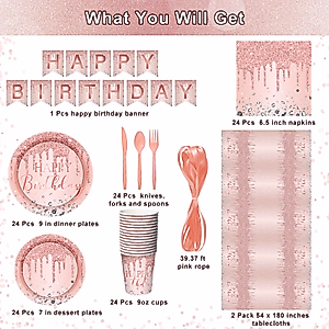 Roshtia 171 Pcs Pink Rose Gold Birthday Party Supplies Pink Birthday Tableware Set Rose Gold Party Plates and Napkin Tablecloths with Banner and Forks Knives Spoons Serve 24 Guest