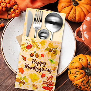 Zhanmai 48 Pieces Thanksgiving Cutlery Holder with Give Thanks Maple Leaf Cutlery Silverware Holder Paper Pocket Set Thanksgiving Utensil Holder for Autumn Harvest Party Table Decorations, 3 Styles