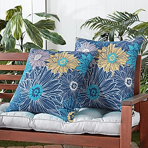 Adabana Outdoor Waterproof Pillow Covers 18x18 Inch Set of 2 Decorative Floral Throw Pillows Cover for Patio Garden Porch Navy Blue
