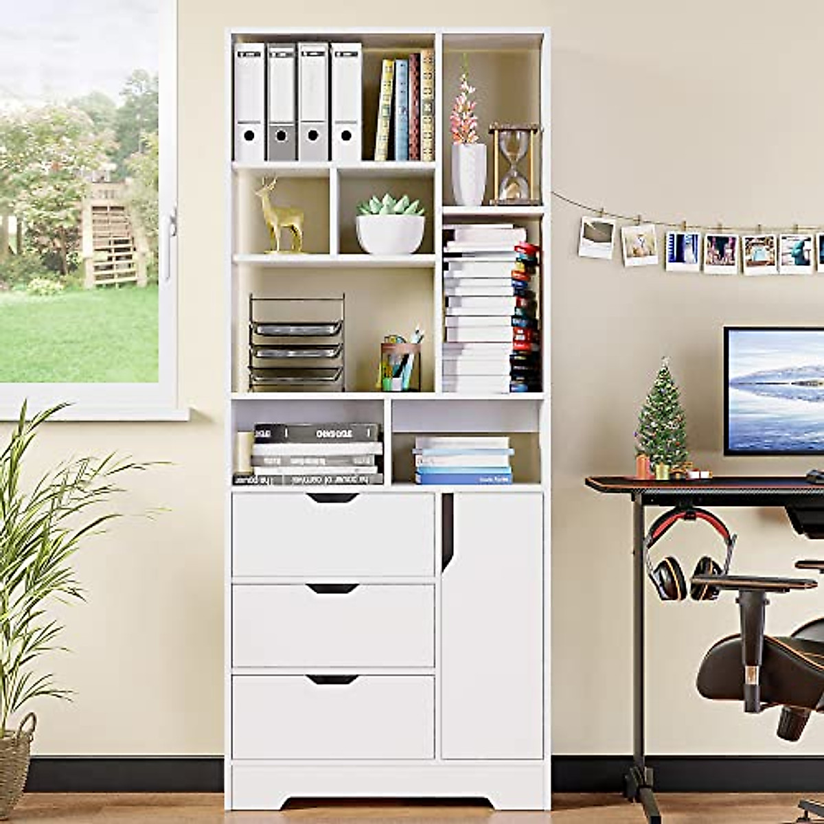 SEJOV Stylish White Bookshelf, 71" Tall Bookshelf with Doors and 3 Drawers, Wood Bookshelf with 4-Tier Open Shelves, for Bedroom Living Room Entrance Hallway Home Office