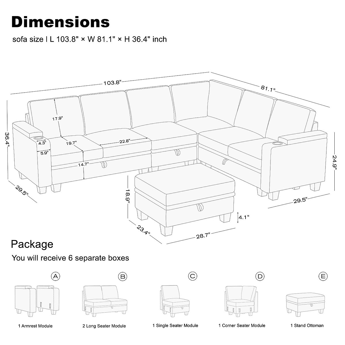 Belffin Modular Sectional Sofa with Storage, L Shaped Sectional Couch with Chaise. Convertible Corner Sectional Couch for Living Room. Dark Gray Couch.