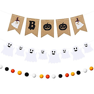 Halloween Banner 3 Pcs Burlap Boo Banner Felt Garland Ghost Decor White Orange and Black Hanging Halloween Decorations Outdoor for Party Halloween Birthday Fireplace Carnival Decorations