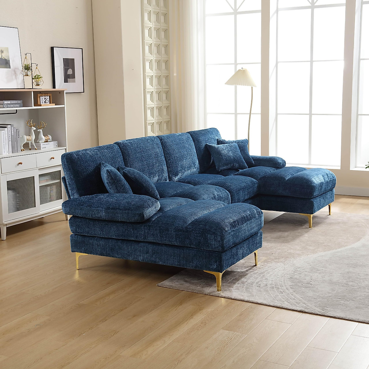 OUYESSIR Chenille U-Shaped Sectional Sofa Couch, 4 Seat Sofa Set for Living Room with 4 Pillows, 114" L-Shaped Chenille Sleeper Couch Set with Double Chaise Lounge (Blue)