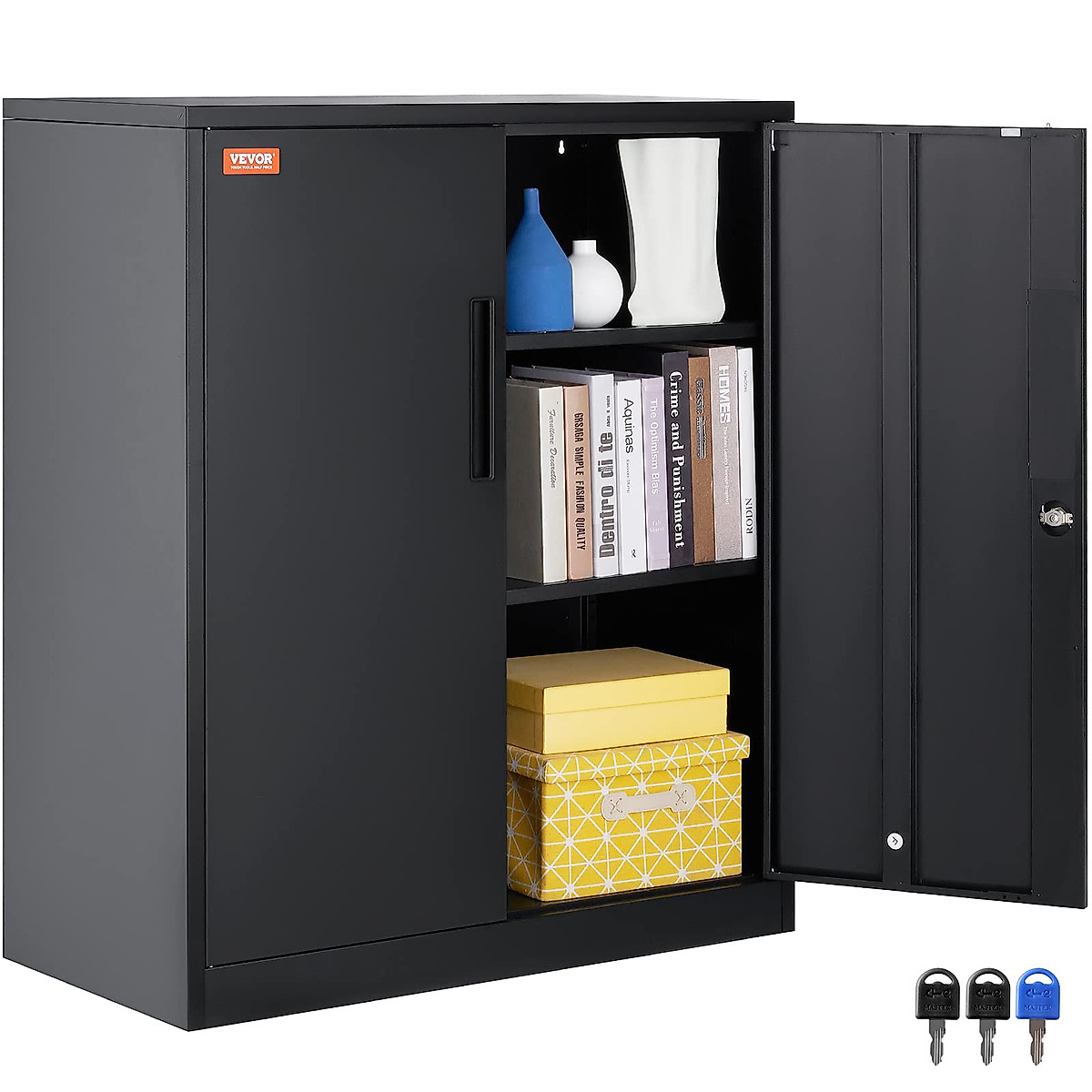 VEVOR Metal Storage Cabinet with 2 Magnetic Doors and 2 Adjustable Shelves, 200 lbs Capacity per Shelf, Locking Steel Storage Cabinet, 42'' Metal Cabinet with 3 Keys, for Office, Garage, Home