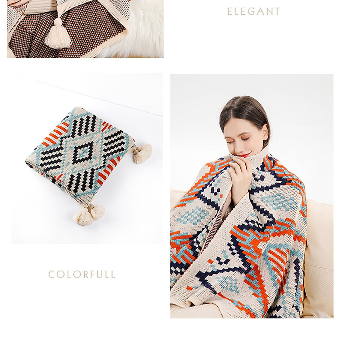 BTFYaHe Boho Chic Knitted Wool Blanket - Versatile Couch and Camping Blanket, Perfect for Fall - Thick Mexican Bohemian Throw-50X60 Inch