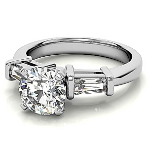 FACETS JEWELS 3.30 Carats D Color Round Cut and baguette Cut Three Stone VVS1 Moissanite Diamond Engagement and wedding Ring for women in - Solid 10k White Gold 7