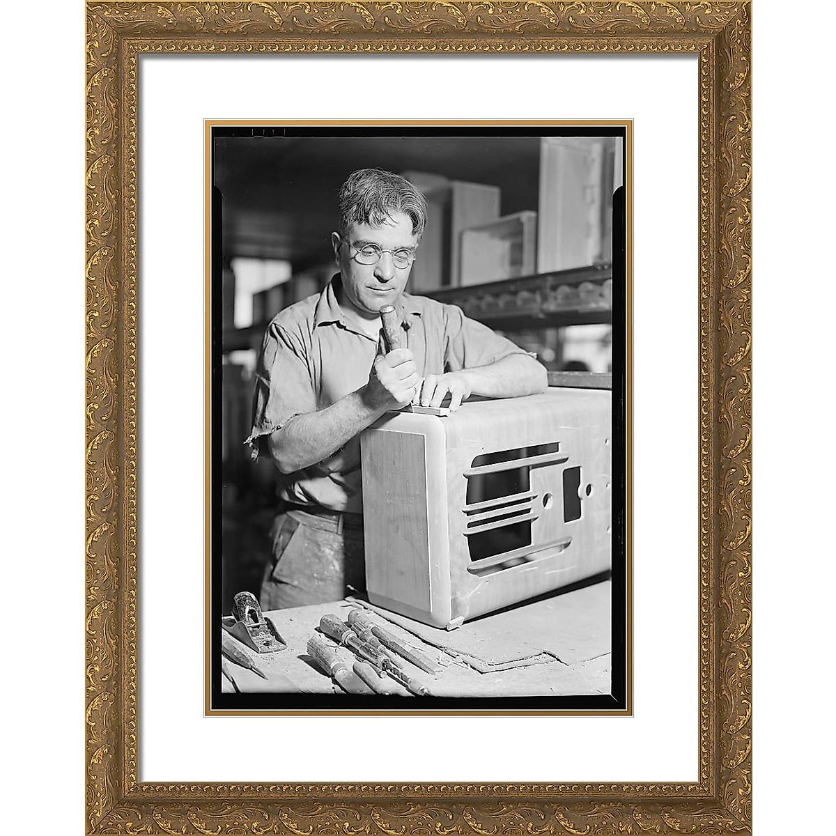 ArtDirect Hine, Lewis Wickes 20x24 Gold Ornate Framed Art Print with Double Matting Titled: Camden, New Jersey Cabinet Making RCA Victor