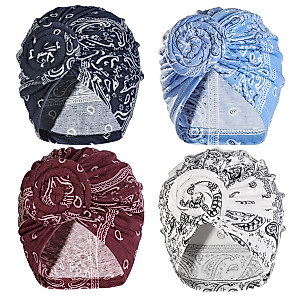 Pre Tied Head Wraps for Women - African Paisley Print Turban Hat Stretch Boho Knot Bonnet Hair Wrap for Black Womens