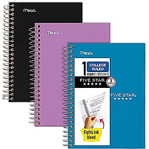 Five Star Personal Spiral Notebooks, 3 Pack, 1 Subject, College Ruled Paper, 7" x 4-3/8", Small Size, 100 Sheets, Black, Tidewater Blue and Amethyst Purple (38643)
