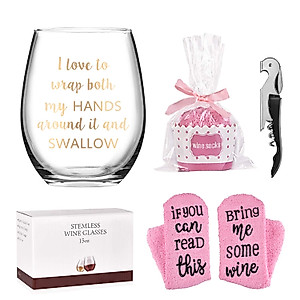 I Love to Wrap Both My Hands Around It and Swallow Stemless Wine Glass Set with Wine Socks and Bottle Opener for Women Friend Wife Girlfriend Her, Gag Gift for Bachelorette Party Birthday, 15 Oz