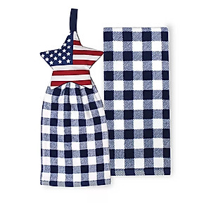 Celebrate Patriotic Kitchen Towels, Set of 2 Coordinating Cotton Terry Dishtowels, Red, White, Blue Flag Star Tie Top and Blue White Buffalo Plaid for 4th of July, Memorial or Labor Day