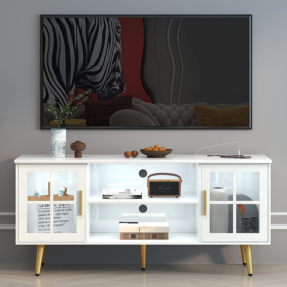 LVSOMT Modern TV Stand with Storage, Entertainment Center Cabinet for Living Room, Media Console with 24 Color Lights (Pearl White - RGB)