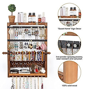 KYLOVHOS Hanging Jewelry Organizer, Wall Mounted, Pine Wood, Rustic Wooden Storage Display for Necklaces, Bracelets, Earrings, Rings (Brown).