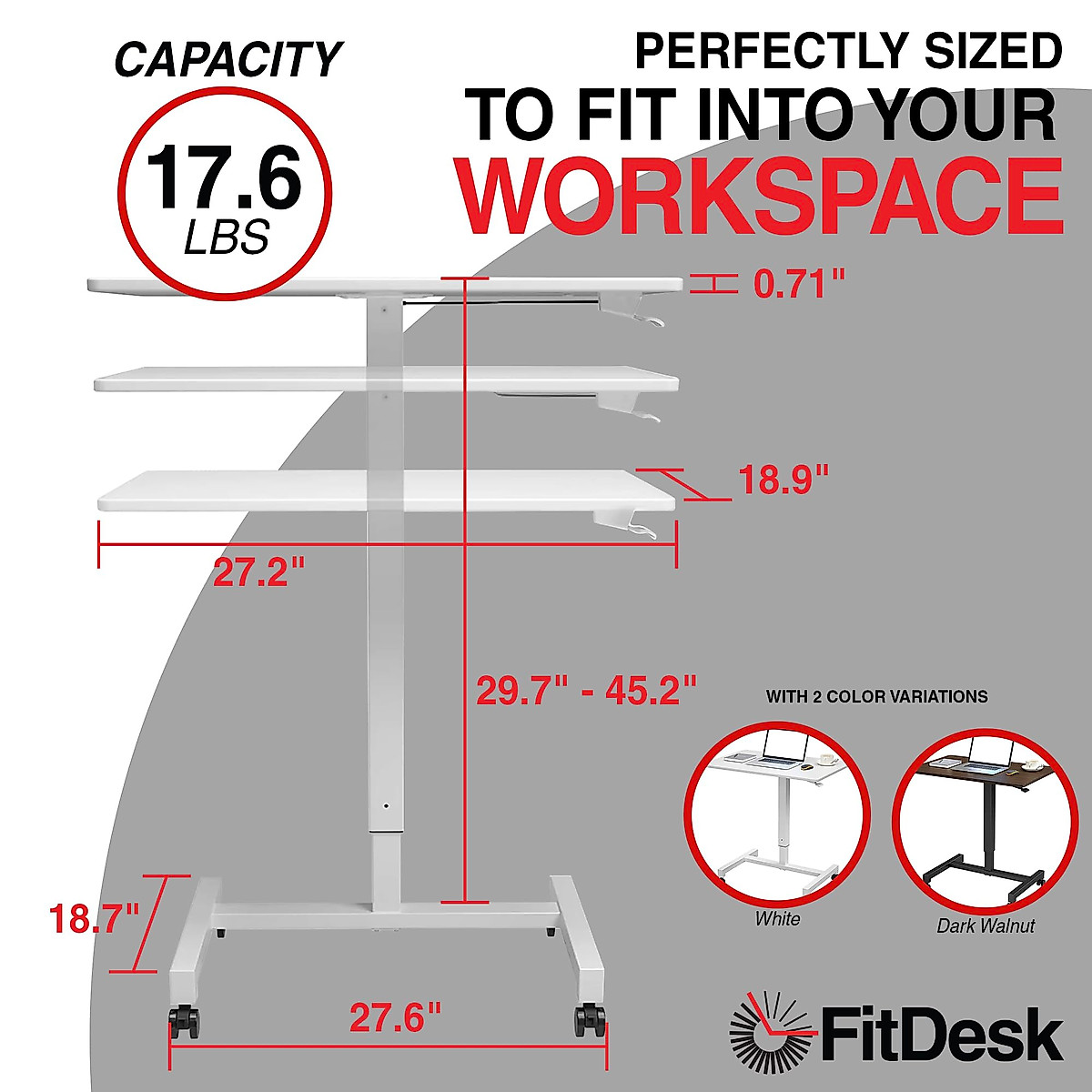 FitDesk Adjustable Desk- Height Adjustable Laptop Desk- Stand Up Desk- Pneumatic Standing Desk- Portable Desk for Laptop- Adjustable Mobile Desk- Portable Office Desk for Home Office- White, 27"