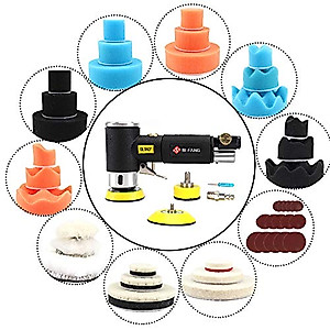 SI FANG 48Pcs 1'' 2'' 3'' Mini Random Orbital Air Sander Kit,High Speed Mini Pneumatic Sander Polisher for Auto Body Work, Includes 1/2/3in Polishing Sponge & Wool Pads Sandpapers(Black Kit)