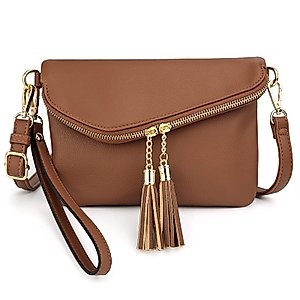 UTO Envelope Wristlet Clutch Crossbody Bag for Women Double Tassel Cellphone Trendy Purse with Strap and Zip Pocket Light Pink