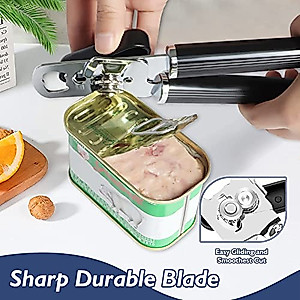 Can Opener Manual, Vertical Grain Non-slip Soft Handle Stainless Steel Handheld Can Opener, Can Opener with Ergonomic Hand Grip and Larger Turning Knob, Built in Bottle Opener