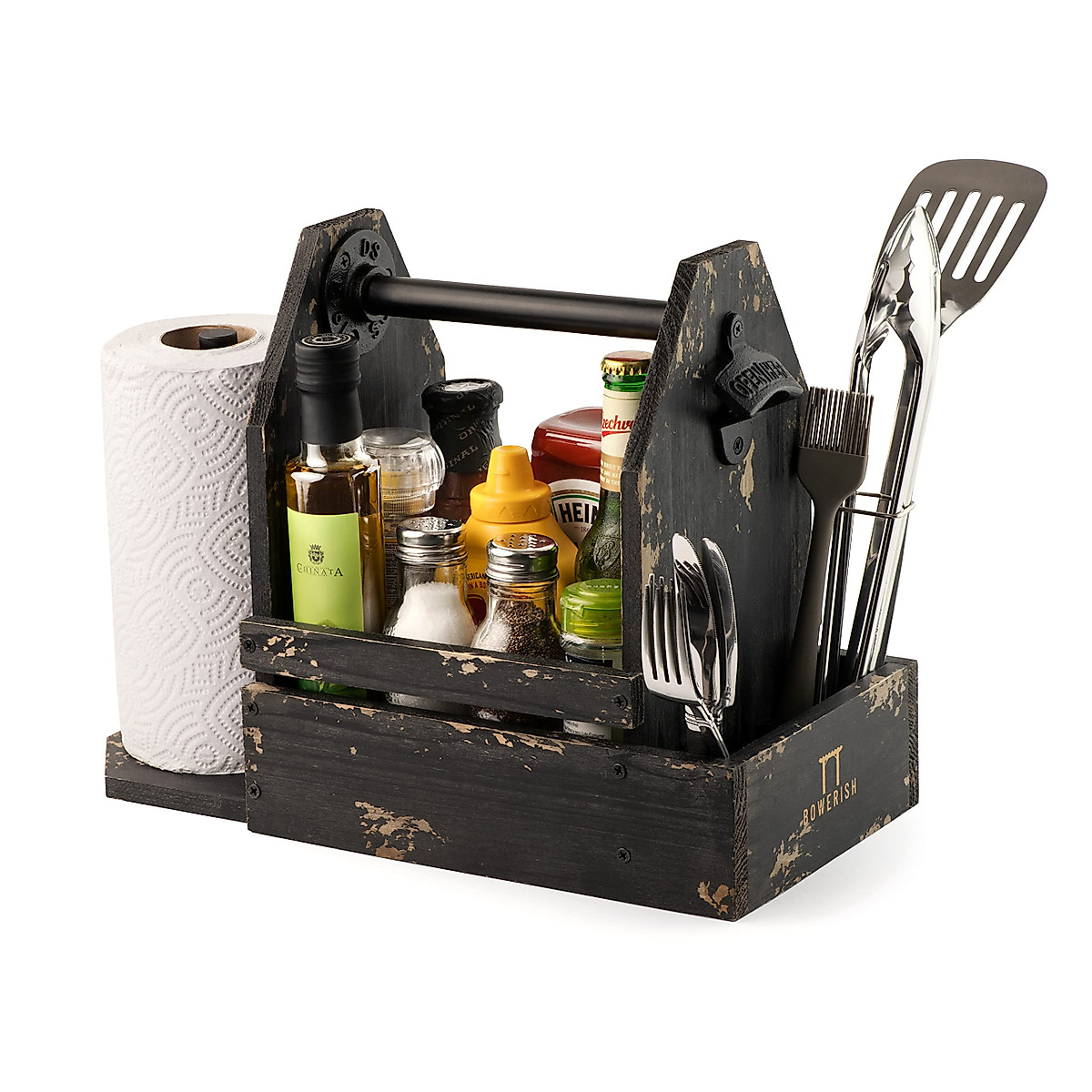BOWERISH Distressed Wood BBQ Caddy with Paper Towel Holder and Three Utensil Holder - Ideal Organizer for Picnic Condiment and Outdoor Grill Accessories - Sturdy Iron Handle and Classic Bottle Opener