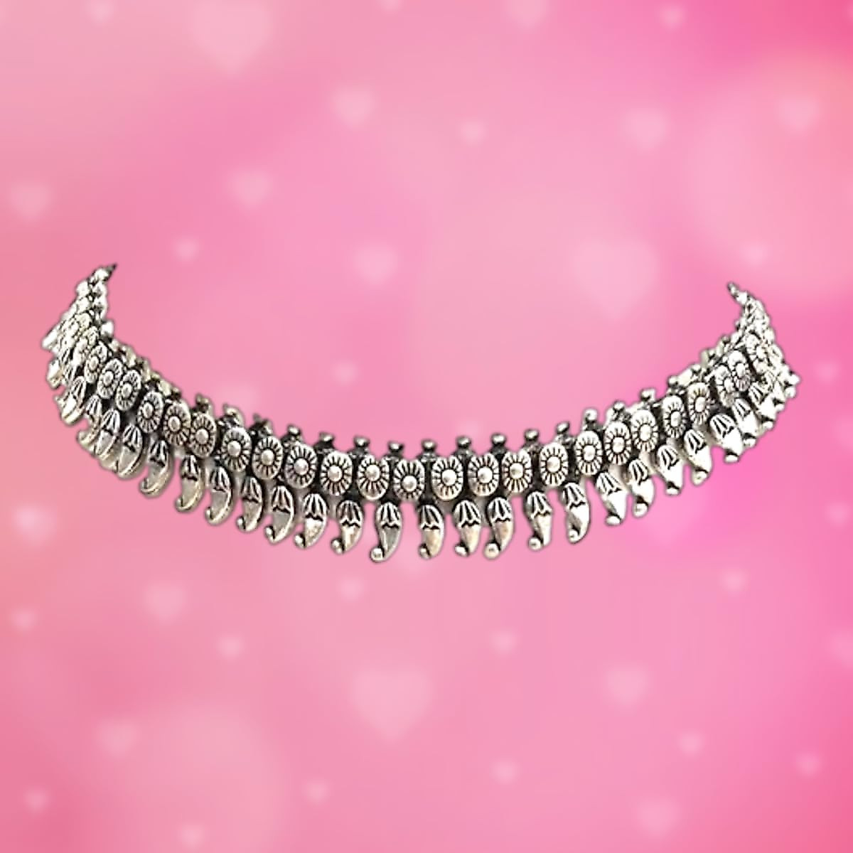 athizay Necklace oxidised silver choker for women fashion traditional Indian jewelry tribal inspired antique silver Choker Metal jewellery (Tooth Bead with Drawstring)