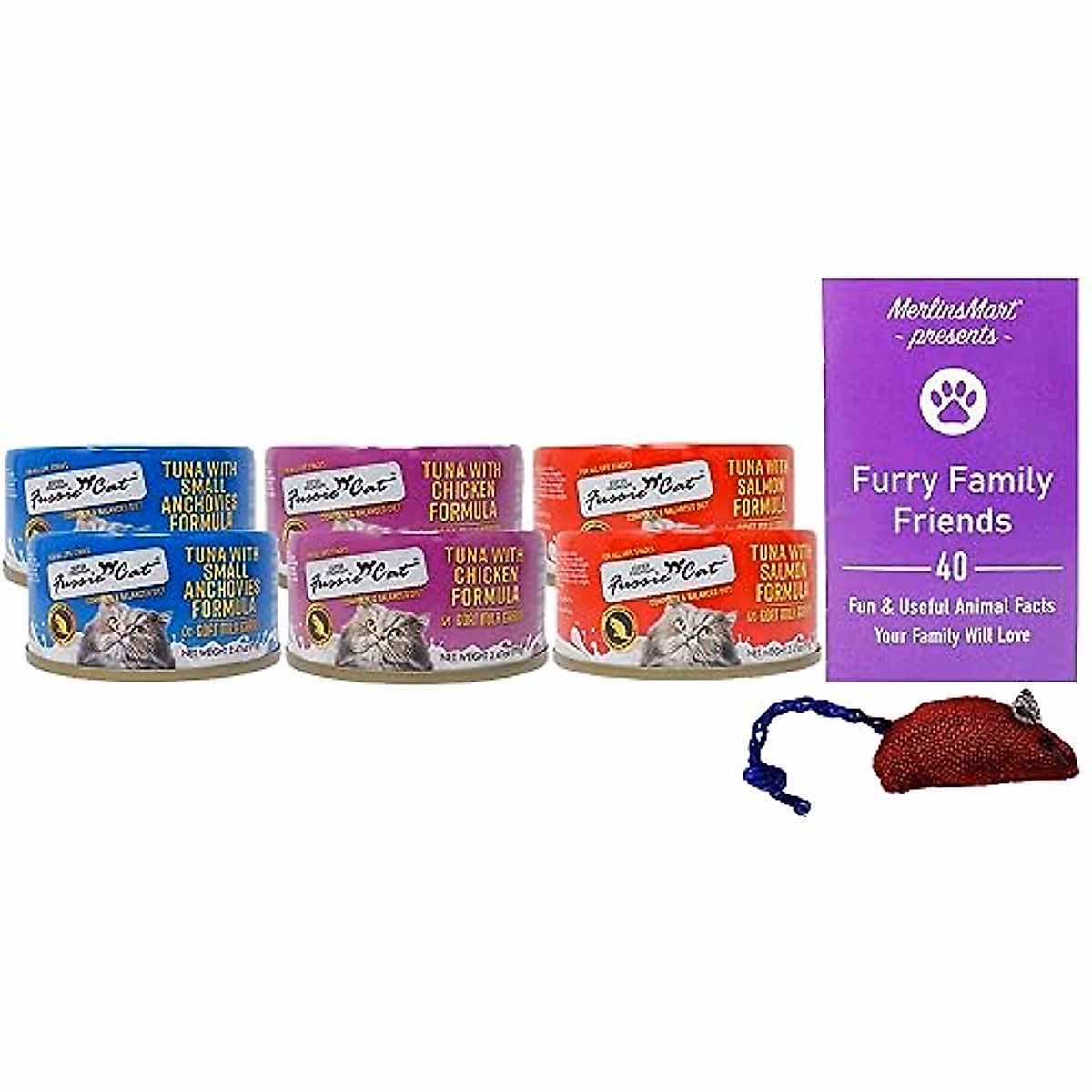 Fussie Cat Food Tuna Formula - in Goat Milk Gravy - 3 Flavor 6 Can Sampler Variety - (2) Each: Anchovies, Chicken, Salmon (2.47 Ounces) - Plus Catnip Toy and Fun Facts Booklet Bundle