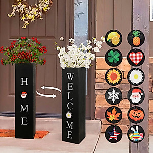 Barydat 30" Wooden Welcome Porch Sign for Front Door Decor Rustic Double Sided Box Shaped Welcome Home Sign Vase with 6 Interchangeable Wooden Hanging Accessories for Farmhouse Yard (Black)
