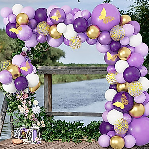 Ouddy Party Purple Balloons Garland Arch Kit,152Pcs Light Pastel Purple Gold Balloon Confetti Metallic Balloons for Baby Shower Wedding Mothers Day Purple Butterfly Birthday Party Decorations Supplies