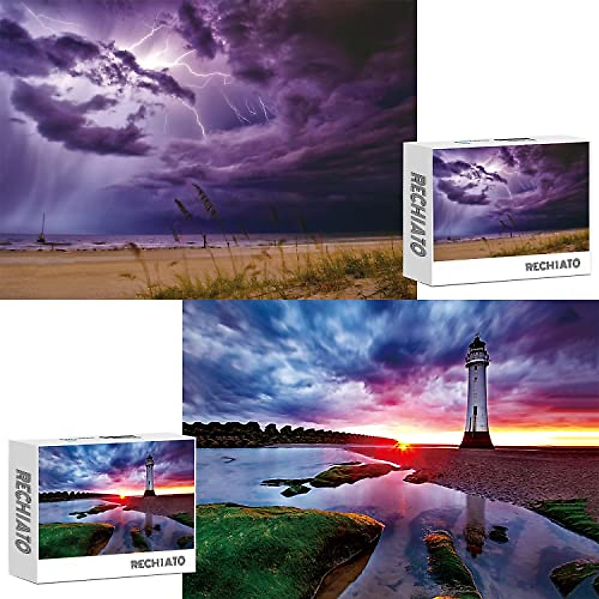 2 Pack 1000 Pieces Sunset Lighthouse & Purple Lightning Puzzle, Talacre Lighthouse UK & Landscapes of Thunder Storm, Jigsaw Puzzles for Adults 1000 Pieces and Up, Beach Puzzle Gifts for Women & Mom