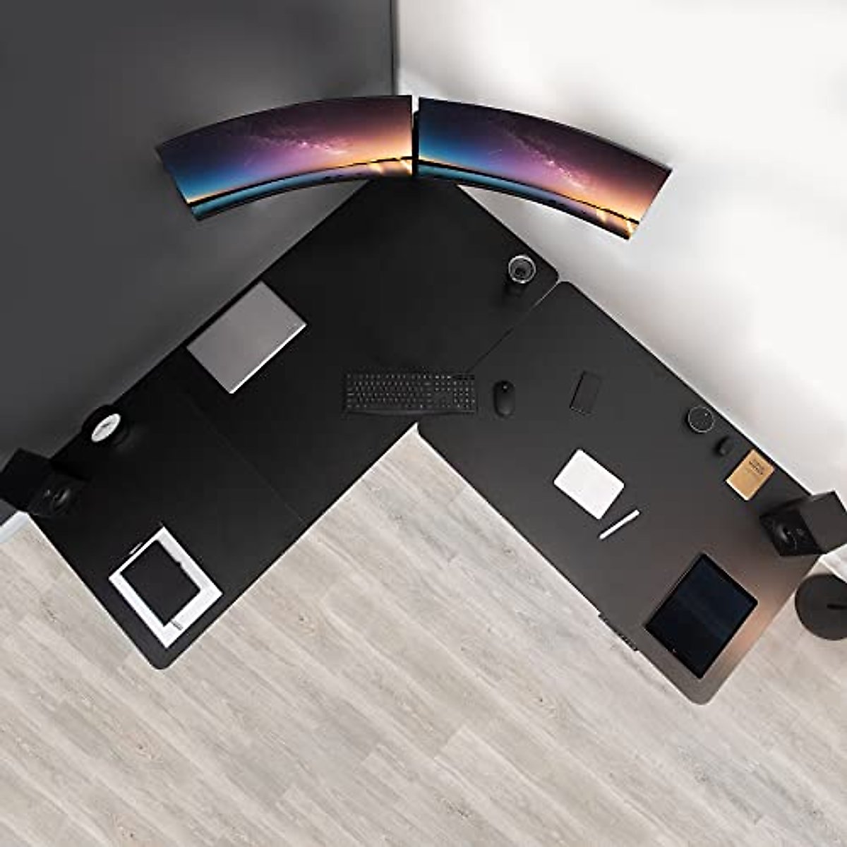 VIVO Electric Height Adjustable 77 x 71 inch Corner Stand Up Desk, 2 Black 30 inch Deep Table Tops, Black Frame, Memory Controller, L-Shaped Standing Workstation, DESK-KIT-3E7B