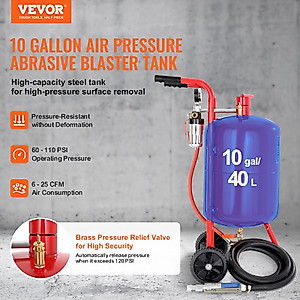VEVOR Sand Blaster, 10 Gallon Pot Sandblaster, 60-110 PSI Pressure Sand Blasting Kit with 4 Ceramic Nozzles & 8ft Hose, Ideal for Paint, Stain, Rust Removal
