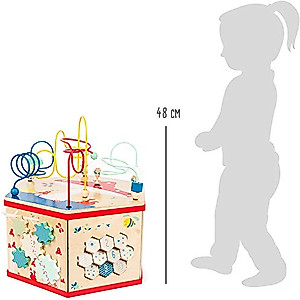 Wooden Activity Cube XL Size by Small Foot – Classic 7-Sided Interactive Toy with Bead Maze, Puzzle, Shape Sorter, Clock & Wheels - Develops Kids Dexterity, Motor Skills – Age 12+ months