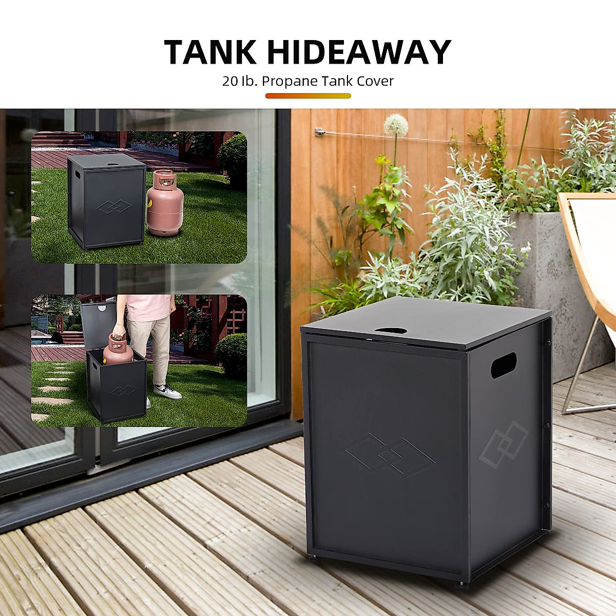 Propane Tank Cover Table 16 Inch, Propane Tank Storage for Gas Fire Pits, Fits a 20lb Propane Tank, Hideaway Table with Side Handles, Black
