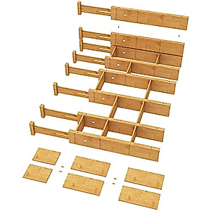 kiplant 8 Pack Bamboo Drawer Dividers with 8 Inserts, Kitchen Drawer Dividers from 16.5-22IN, Stackable Bamboo Drawer Organization for Kitchen & Dressers, 8 Dividers with 16 Inserts